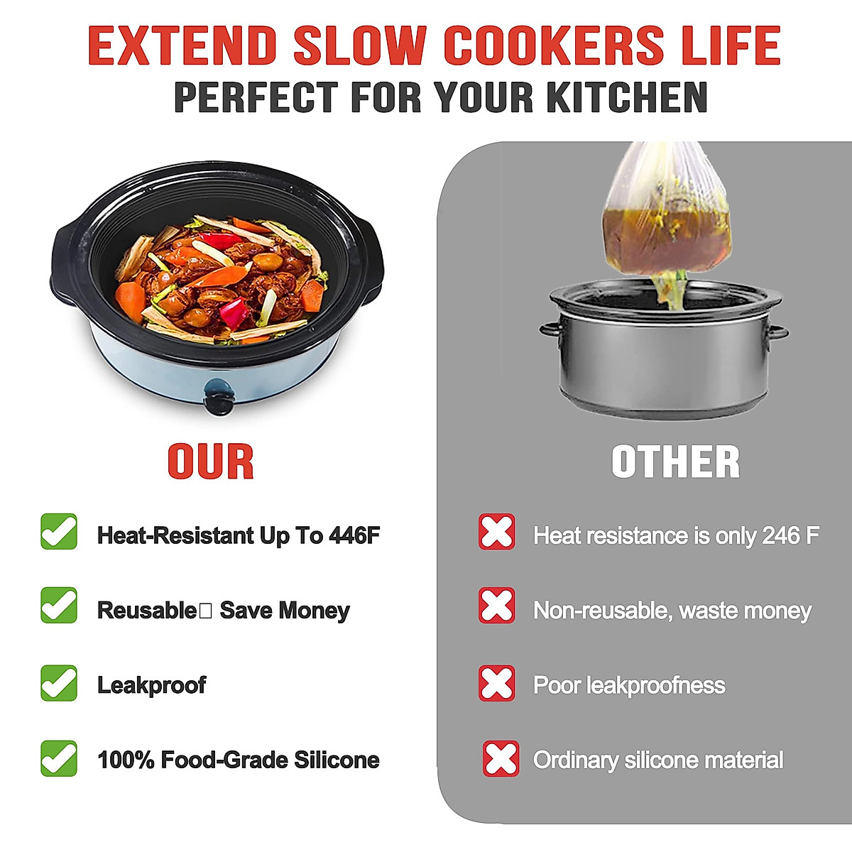 Slow Cook Silicone Liners, 7 Qt Crockpot and Slow Cook Compatible, BPA Free - Easy Cleanup Dishwasher, 7 Quart Fit with Crock Pot Black Liners Leakproof Dishwasher Safe Cooking Liner (Black)