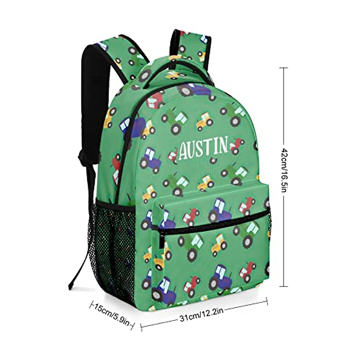 CustomLife Personalized Green Tractors School Backpacks Bookbag Travel Pack for Boys Girls Men Women, 16.5''(H) x 12.2''(L) x 5.9''(W)