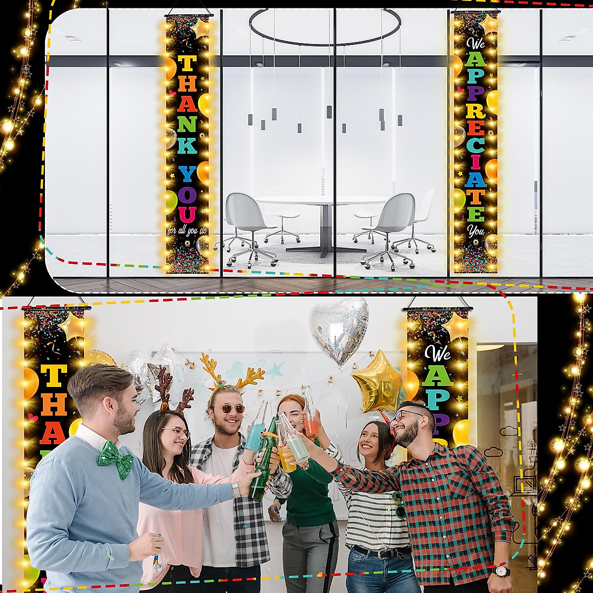 Tingjoo 2 Pcs Pastor Lighted Thank You Door Banner We Appreciation You Sign for Customer Service Week LED Thank You for All You Do Hanging decor for Employee Appreciation Xmas Party, 12 x 71"(Black)