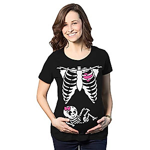 Maternity Baby Girl Skeleton Cute Halloween Pregnancy Bump Tshirt (Black) - L Crazy Dog Novelty Maternity T-Shirts for Halloween Season Soft Comfortable Funny Graphic Maternity Heather Black - Ba L