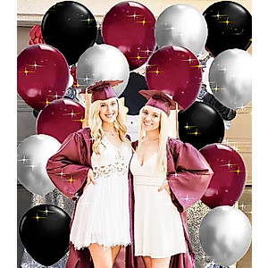 Graduation Party Decorations Maroon Black 2024/Burgundy Black Graduation Decorations/Burgundy Silver Black Balloons 45Pcs Burgundy Black Birthday Decorations