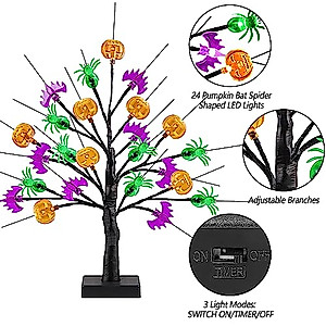 [Timer] Halloween Decor 18 Inch Black Halloween Tree with 24 LED Pumpkin Bat Spider Light, USB/Battery Operated Lighted Birch Tree Spooky Halloween Table Decorations Indoor Outdoor for Home Room Party