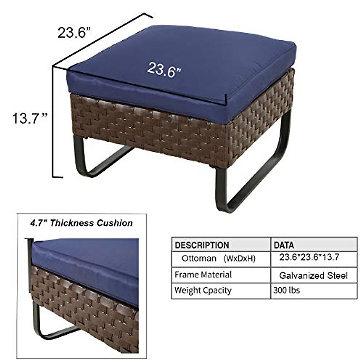 Romayard Outdoor Wicker Ottoman Patio Footstool Rattan Furniture Coffee Table All Weather Foot stools Seat with Cushion