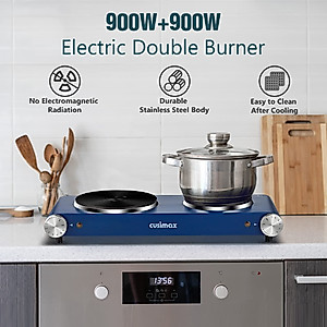 Hot Plate, CUSIMAX Double Burner, 1800W Electric Cooktop, Cast Iron Hot Plate for Cooking, Portable Electric Stove, Stainless Steel Countertop Burner, Easy to Clean, Blue