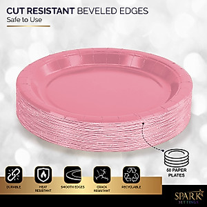 Amcrate Disposable Paper Plates Pink, 6 3/4 Inches Paper Dessert Plates, Strong and Sturdy Disposable Plates for Party, Dinner, Holiday, Picnic, or Travel Party Plates, Pack of 50