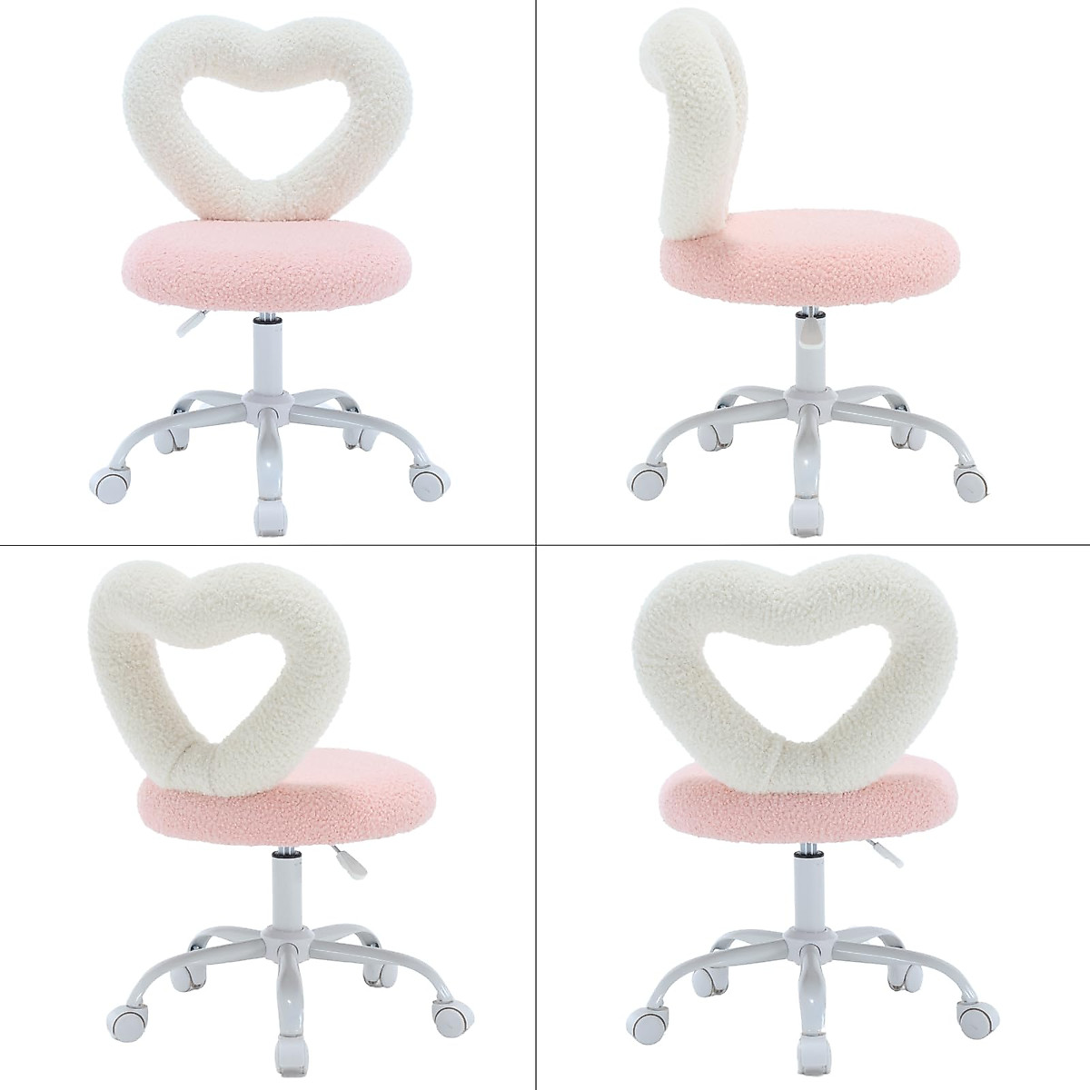 DUOMAY Faux Fur Kids Desk Chair, Heart Back Upholstered Computer Chair for Boys and Girls Cute Swivel Height Adjsutable Study Arm Chair for Child Home Bedroom, Pink & White