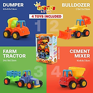 friction Powered Cars Push and Go Construction Vehicles Toy Set of 4 Cartoon Bulldozer, Tractor, Cement Mixer, Dump Truck - w/Bonus Mesh Bag Toddler/Baby-Friendly for Boys and Girls Ages 1-5 Kids Gift