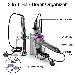 GREENTEC Foldable Hair Dryer Holder, 3 in 1 Hairstyling Tools Organizer, Curing Wand Stand, Heat Resistant Organizer for Flat Iron, Stainless Steel Holder for Bathroom, Cabinet, Salon Station