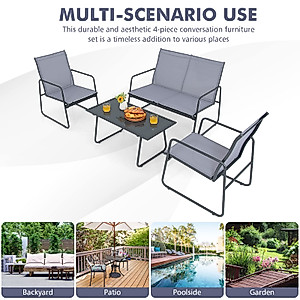 Tangkula 4 Pieces Patio Furniture Set, Outdoor Conversation Set with Tempered Glass Coffee Table, Metal Frame, Breathable Fabric, Indoor & Outdoor Chat Set of 4, for Patio, Poolside, Garden (Gray)