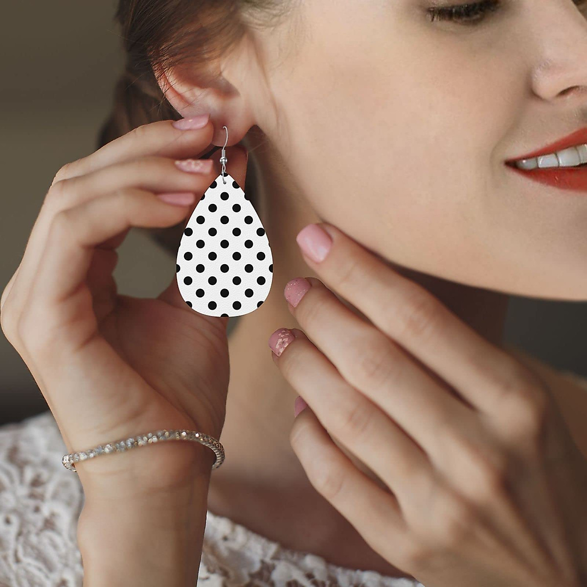 Faux Leather Earrings Black White Polka Dot Teardrop Dangle Earrings For Women