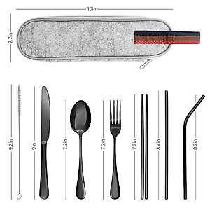 Travel Silverware Set with Case,Travel Flatware Set Includes Chopsticks Reusable,Fork, Knife and Straws, Black Utensils Set, Reusable Silverware for Lunch