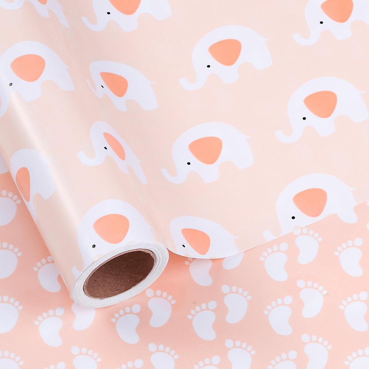 LeZakaa Reversible Pink Baby Shower Wrapping Paper Roll, Elephant & Footprint in Pink for Baby Shower, Baby Girl's 1st Birthday, Newborn Party, Mini Roll, 17 inches x 32.8 Feet