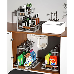 2 Pack Under Sink Organizer,Metal Pull Out Kitchen Cabinet Organizer with Sliding Drawer,Sturdy Multi-functional for Bathroom Organization,Silver