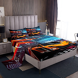 Feelyou Race Car Bedding Sheets Boys Extreme Sports Sheet Set for Kids Boys Cool Car Bedding Fitted Sheet Car Sports Bed Sheets 1 Sheet Set with 2 Pillowcases Full Size