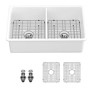 32 Inch Undermount Double Bowl Glossy White Porcelain Kitchen Sink 32"x19" Rectangle Scratch Resistant