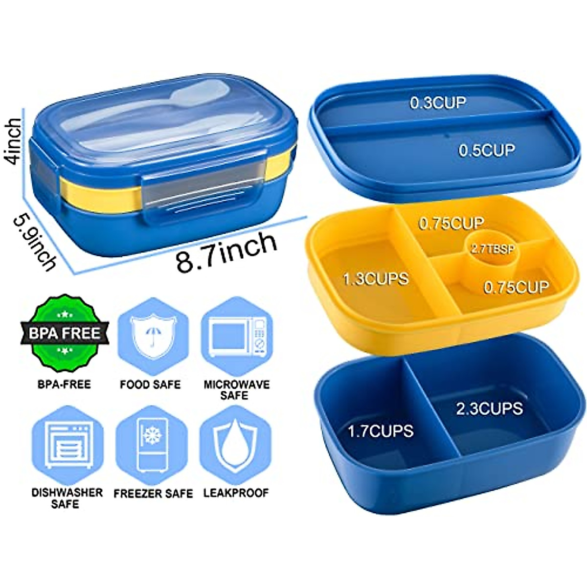 Stackable Bento Box Adult Lunch box- Leakproof Bento Box Lunch Containers for Adult, 64-oz Lunch Box with Utensil Set and Dressing Container, 5 Compartments Large Capacity -Blue Yellow