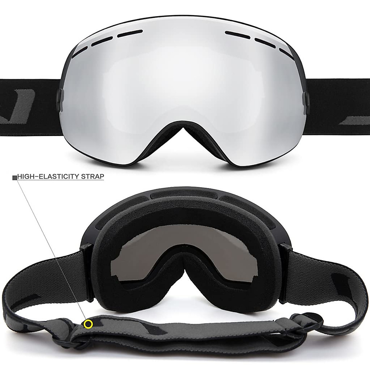 JULI Ski Goggles,Winter Snow Sports Snowboard Goggles with Anti-Fog UV Protection Detachable Dual Lens for Men Women Snowmobile Skiing Skating（Black Frame+VLT 18.5% REVO Silver）