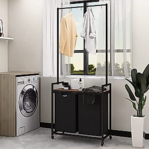 Simoretus Laundry Basket Sorter with Clothes Hanging Bar,Wooden Shelf,2 Sliding Bags, Hamper Garment Rack with Rolling Wheels for Laundry Room Bathroom Bedroom