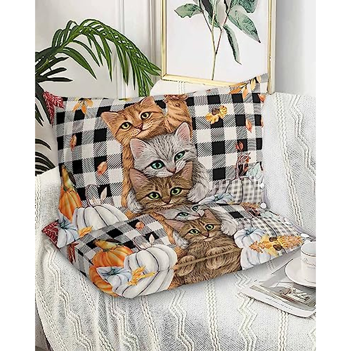 Thanksgiving Pillow Covers Standard Size Set of 2 Bed Pillow, Fall Pumpkin Cats Maple Leaf Black White Plaid Plush Soft Comfort for Hair/ Skin Cooling Pillowcases with Envelop Closure 20''x26''