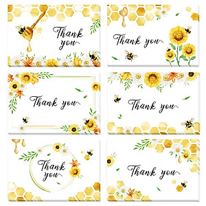 WERNNSAI Bee Thank You Card - 24 Sets Sunflower Thank You Cards with Envelopes for Kids Bumble Bee Blank Note Greeting Cards for Birthday Party 4" x 6"