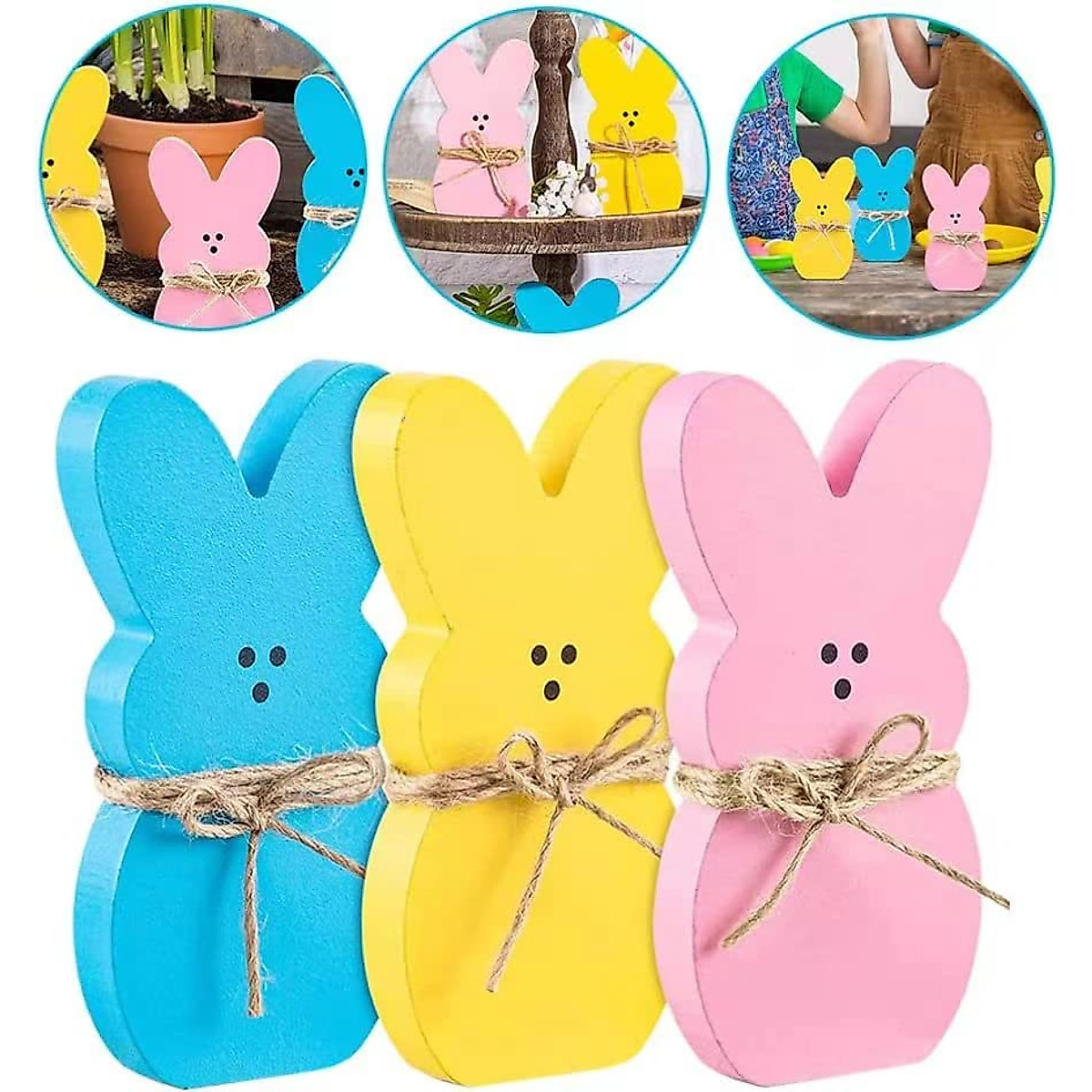 Easter Bunny Decor, 3 Pcs Easter Decorations for the Home, Decorative Wooden Easter Rabbit Peeps Wooden Signs for Tiered Tray