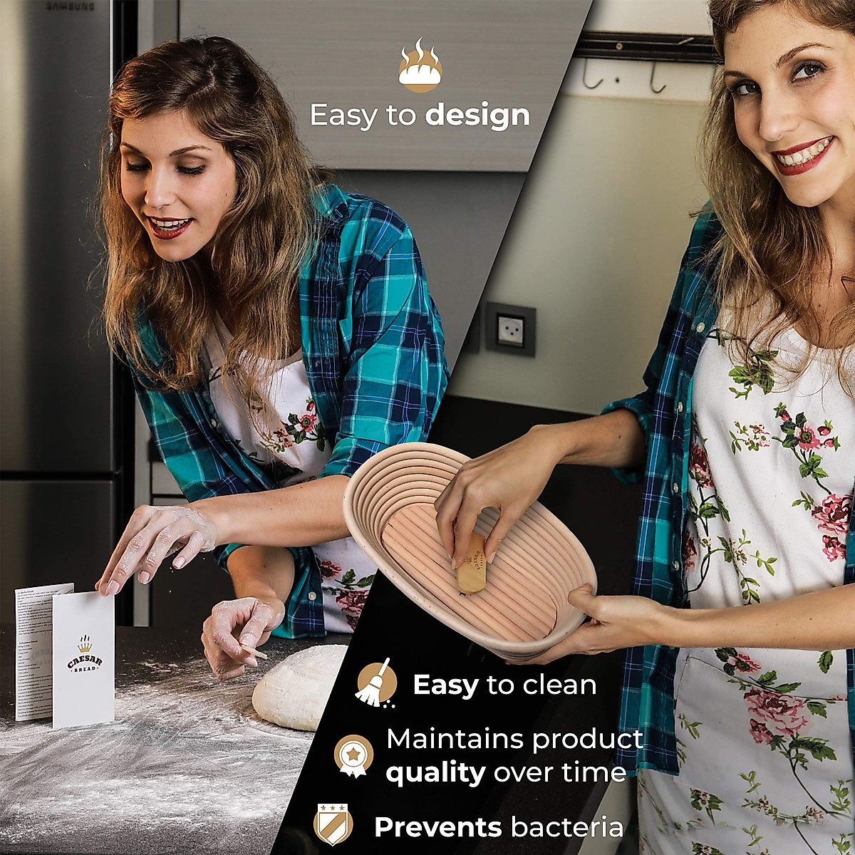 Banneton Bread Proofing Basket By Caesar Bread, 10 Inch Oval Sourdough Brotform For Rising Dough Set, Include Cloth Liner, Scraper, Bread Lame, Brush & Recipe Book For Beginners & Professional Bakers