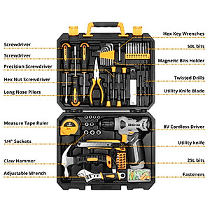 DEKOPRO 126 Piece Power Tool Combo Kits with 8V Cordless Drill, 10MM 3/8'' Keyless Chuck, Professional Household Home Tool Kit Set, DIY Hand Tool Kits for Garden Office House Repair