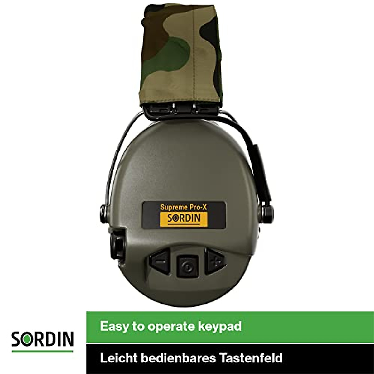 Sordin Supreme Pro-X LED Ear Defenders for Hunting & Shooting - Active & Electronic - Camo Band - Green Ear Muffs