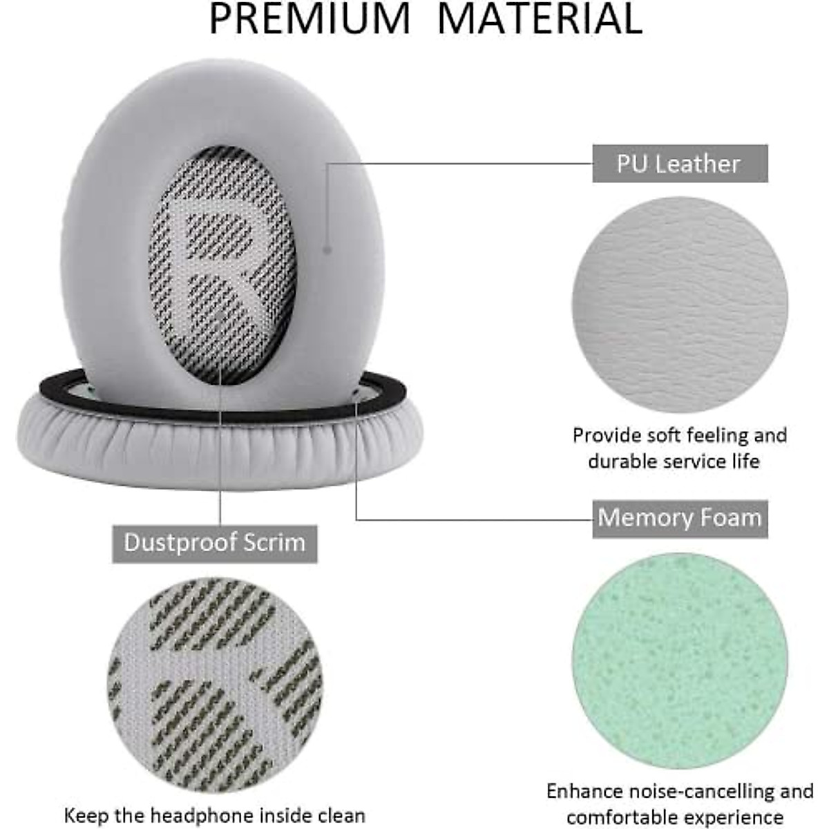 T Tersely Replacement Earpads Cushions for Bose QuietComfort 35 II/45 (QC35/QC45/QC35 II) Headphones, Complete with QC35 Shaped Scrims with 'L and R' Lettering QC2 QC15 QC25 Sound True Ear Pads (Grey)