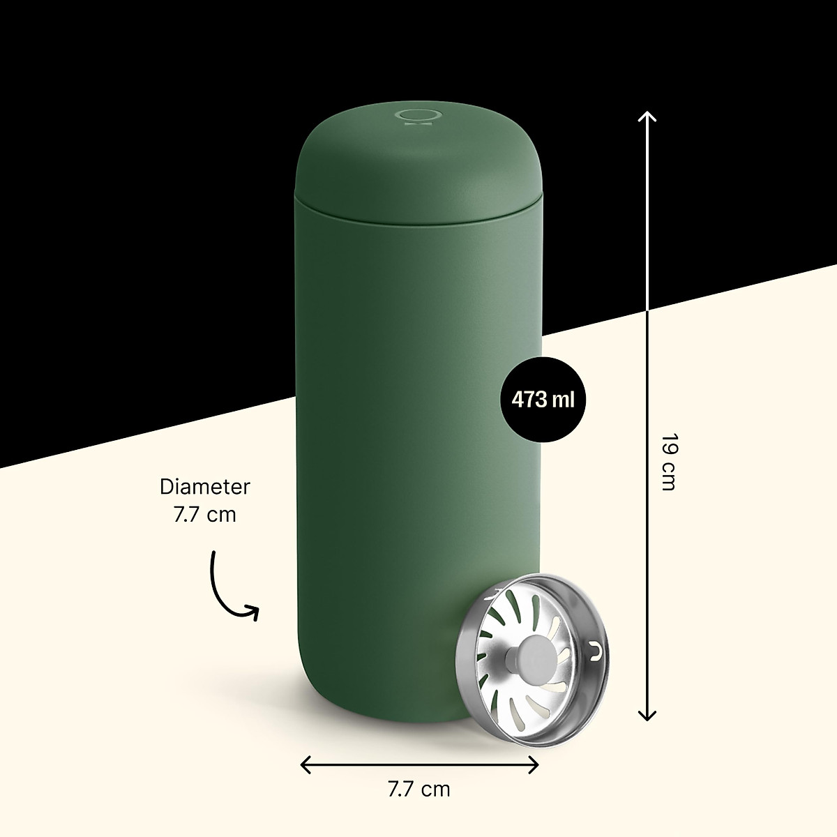 Fellow 16 oz Carter Move Travel Mug - Vacuum-Insulated Stainless Steel Travel Coffee Mug - Coffee Tumbler with Ceramic Interior and Splash Guard - Cargo Green