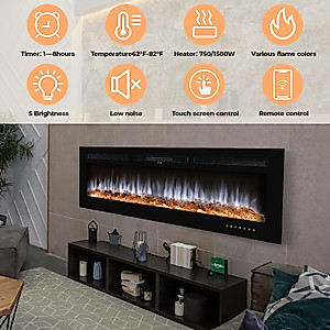 Clevich 60 inches Electric Fireplace Insert and Wall Mounted with Multicolor Flame,750w/1500w Fireplace Heater Low Noise,Fire Place for The Living Room,Touch Screen Remote Control with Timer,Black