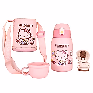 Everyday Delights Sanrio Hello Kitty Stainless Steel Insulated Water Bottle Double Covers with Cup, Straw and Bag 480ml, Pink (KT6603)