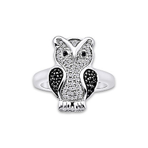 AFFY 1/4 Carat Round Cut Black And White Natural Diamond Owl Ring In 14K White Gold Over Sterling Silver (0.25 Cttw, I2-I3 Clarity) Ring Size-11