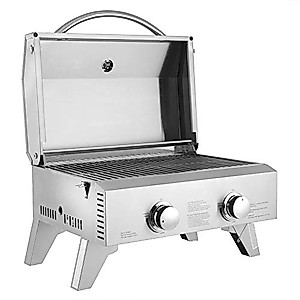 ROVSUN Portable Gas Grill with 2 Burner, Extra Large 20,000 BTU Tabletop Camping Propane Griddle for Outdoor Patio Garden BBQ Picnic Tailgating Trip Home Use with Stainless Steel Body, Regulator & Hose