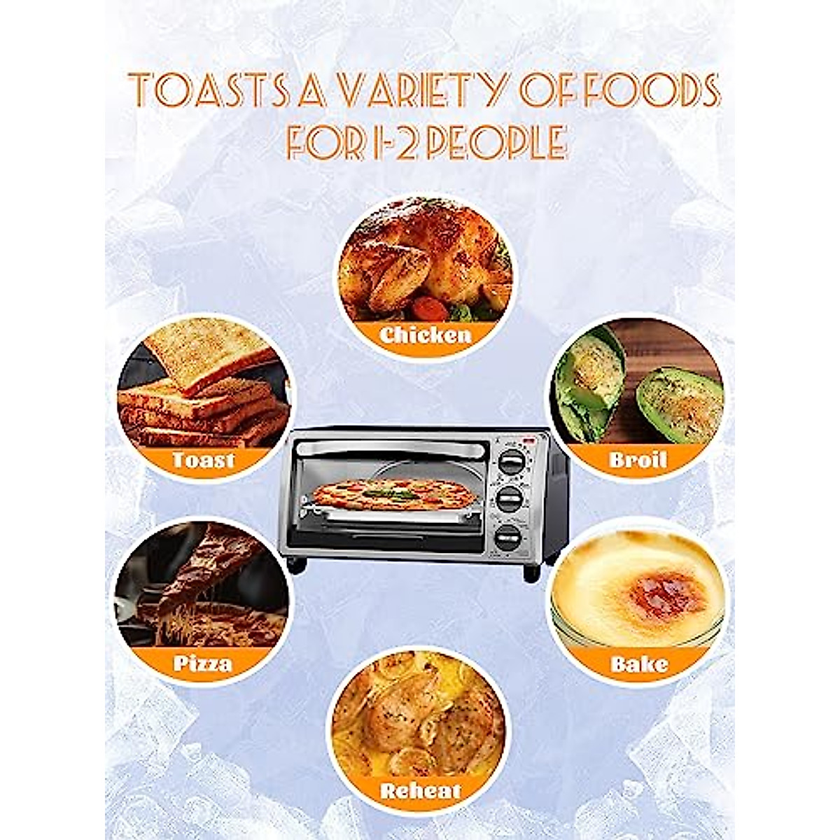 Toaster Oven 4 Slice Countertop - Pizza Oven with Timer, Convection Oven fits a 9 Inch Pizza, for Bake, Broil, Toast, Includes Baking Pan and Rack, Stainless Steel, Silver