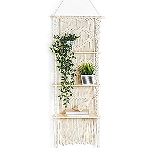KALTEK Macrame Wall Hanging Shelf - 3 Tier Wall Shelves with Handmade Woven Macrame Rope - Boho Shelves Organizer Hanger for Kitchen, Bathroom, Home Storage, Floating Indoor Plant Wall Shelf