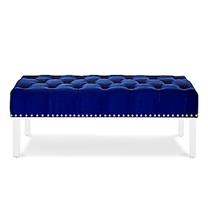 New Classic Furniture Vivian Velvet Bench with Crystal Buttons, Royal Blue