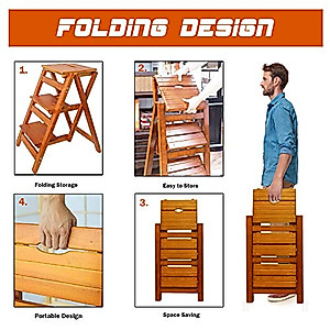 3 Step Stool Home Wooden Folding Ladder Chair Thickened Library Stair Chair Portable Light Garden Tool Ladder Maximum Load 150KG