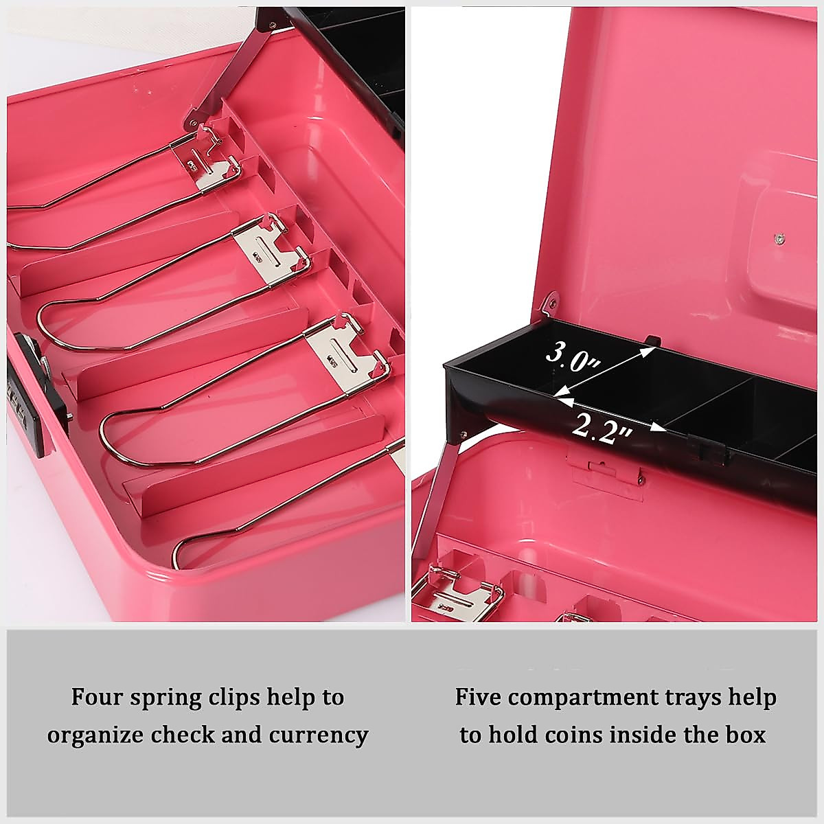 Jssmst Cash Box with Money Tray and Lock - Pink Cash Box with Combination Lock Safe Large, Locking Cash Register Drawer Box for Money, 11.8'' x 9.5'' x 3.5'', SM-CB005PC
