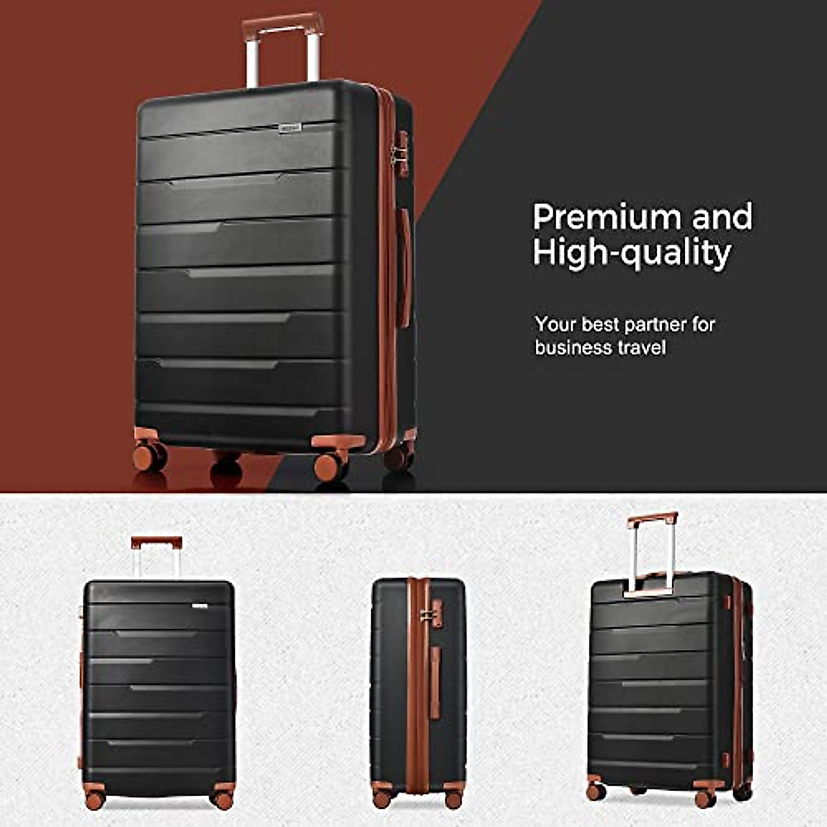 Merax 3 Pcs Expandable ABS Hardshell Luggage Sets with Spinner Wheel Suitcase TSA Lock Suit Case, Black/Brown, (20/24/28)