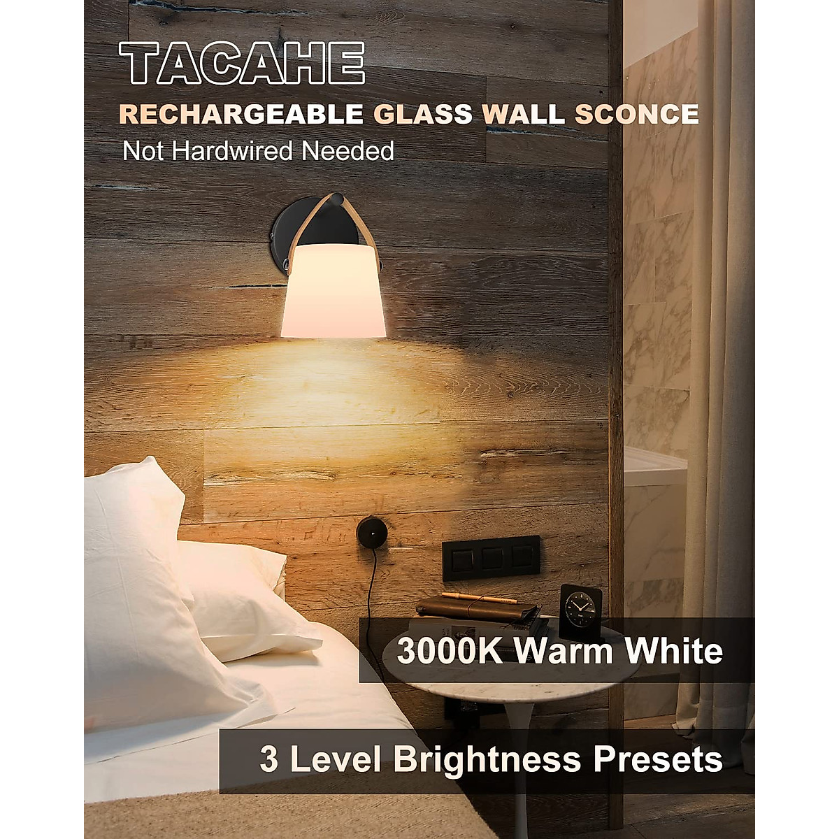 TACAHE Battery Operated Wall Sconce with Glass Shade - 3000K Warm White & 3 Brightness Setting - 4000 mAh Rechargeable Battery - Not Hardwired Needed - Wall Accent Night Light for Bedroom - Black