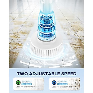 MABOGU Electric Spin Scrubber, Cordless Shower Scrubber with 8 Replaceable Brush Heads, Bathroom Scrubber Electric Dual Speeds, Shower Cleaning Brush with Extension Arm for Tub Tile Floor(Grey&White)