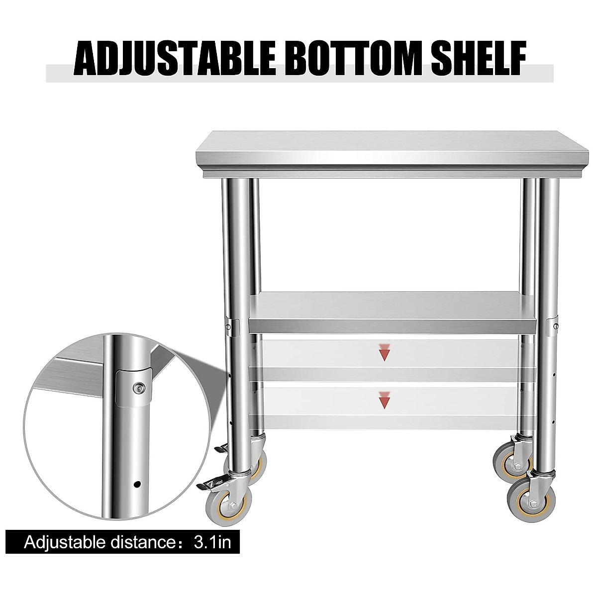 Hasopy Stainless Steel Table for Prep & Work 30 x 12 Inches with Caster Wheels, NSF Commercial Heavy Duty Table with Undershelf and Galvanized Legs for Garage Restaurant Home and Hotel