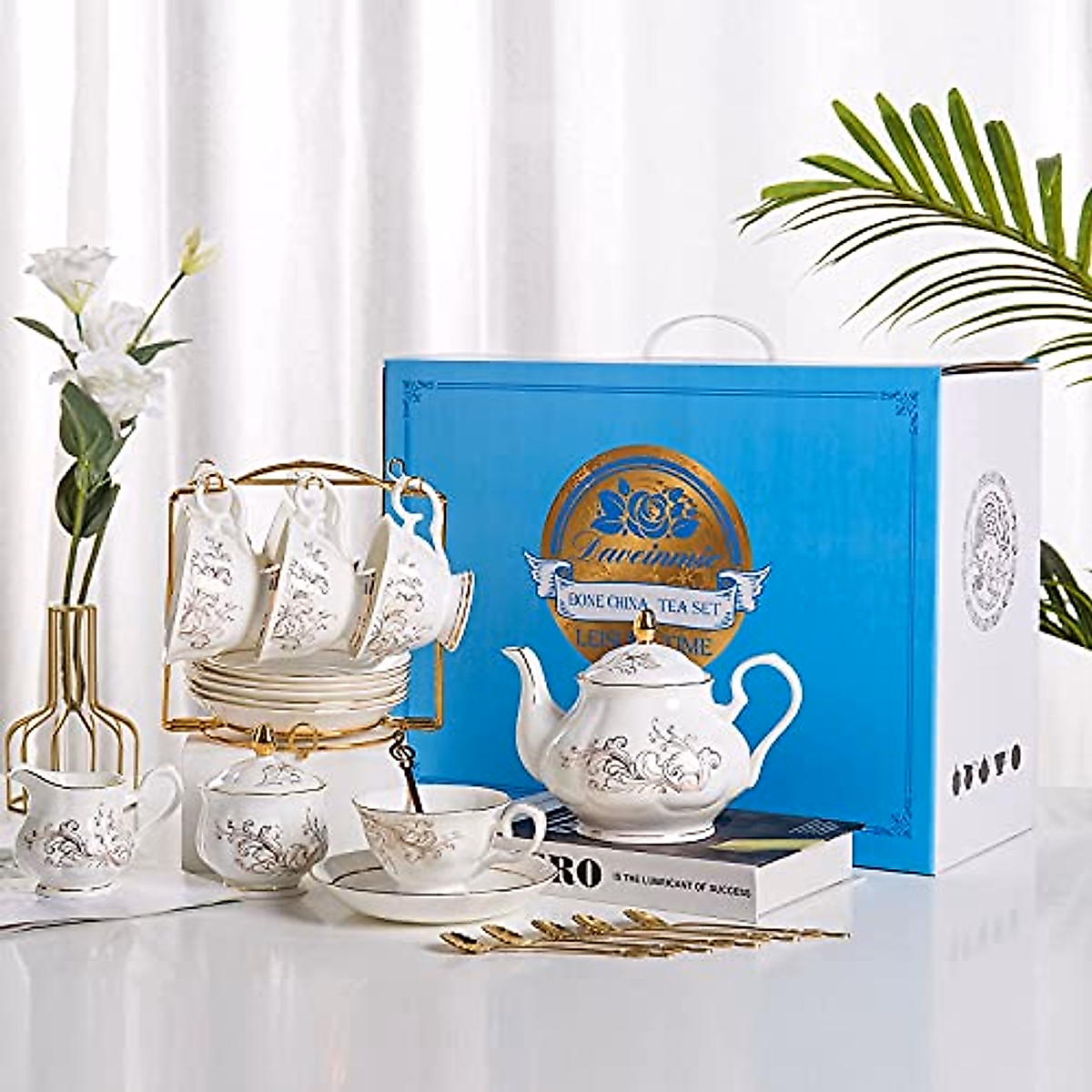 Daveinmic 22-Pieces Porcelain Bone china Tea Sets,Gold Rim Coffee Set with Golden Metal Rack,Cups,Saucers,Spoons,Teapot,Sugar Bowl,Creamer Pitcher,Tea Gift Sets for Home&Party(Gold Rim phoenix set)