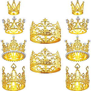 10 Pieces Crown Cake Topper Birthday Mini Crown Pearl Crystal Tiara Vintage Small Crowns Metal Crown Decorations for Wedding Birthday Baby Shower Party, 5 Styles(Gold)