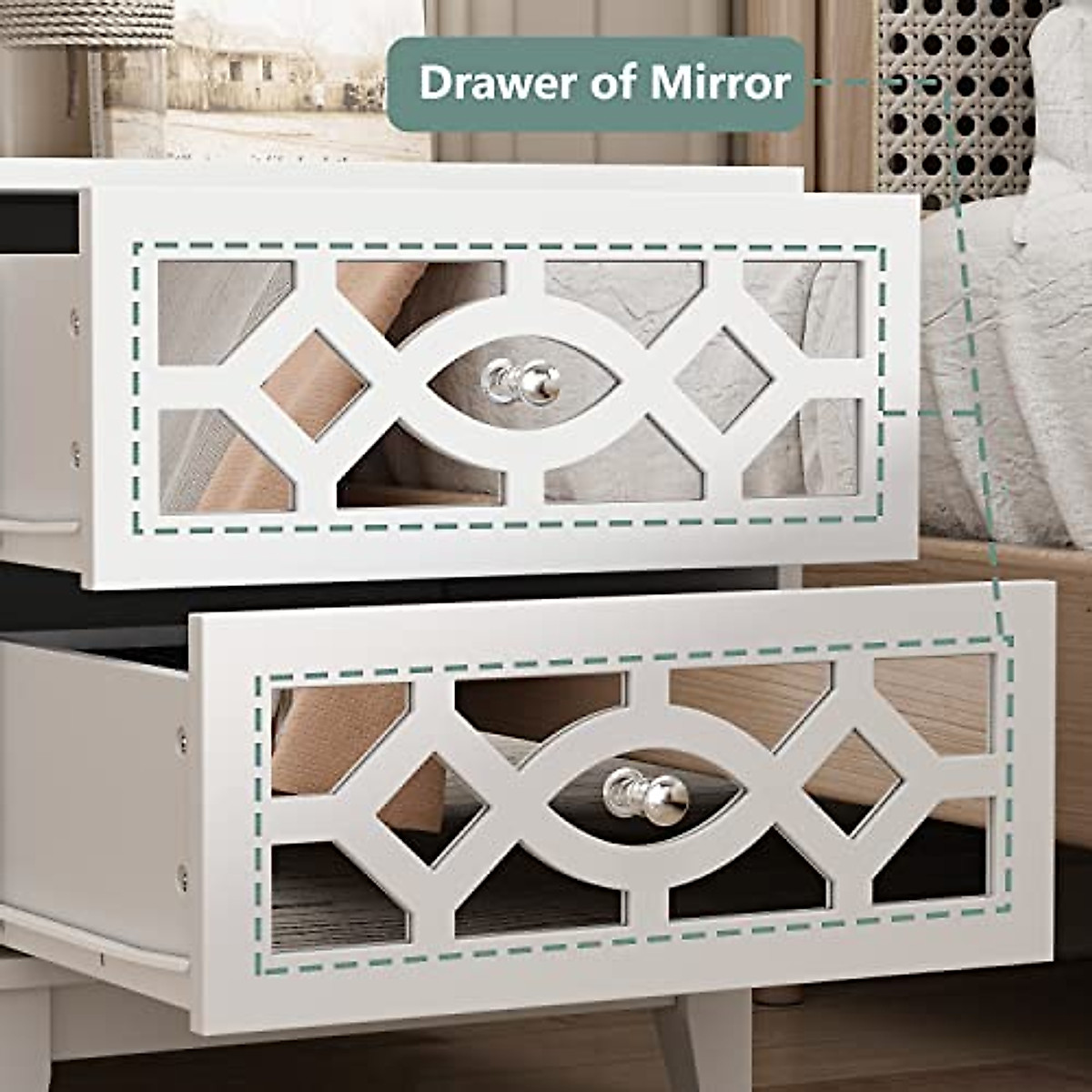 DiDuGo Nightstand with 2 Mirrored Drawers Set of 2, Wood End Table Bedside Table with Storage, Contemporary Style, Wooden Legs, for Bedroom White (18.9”W x 15.7”D x 19.7”H)