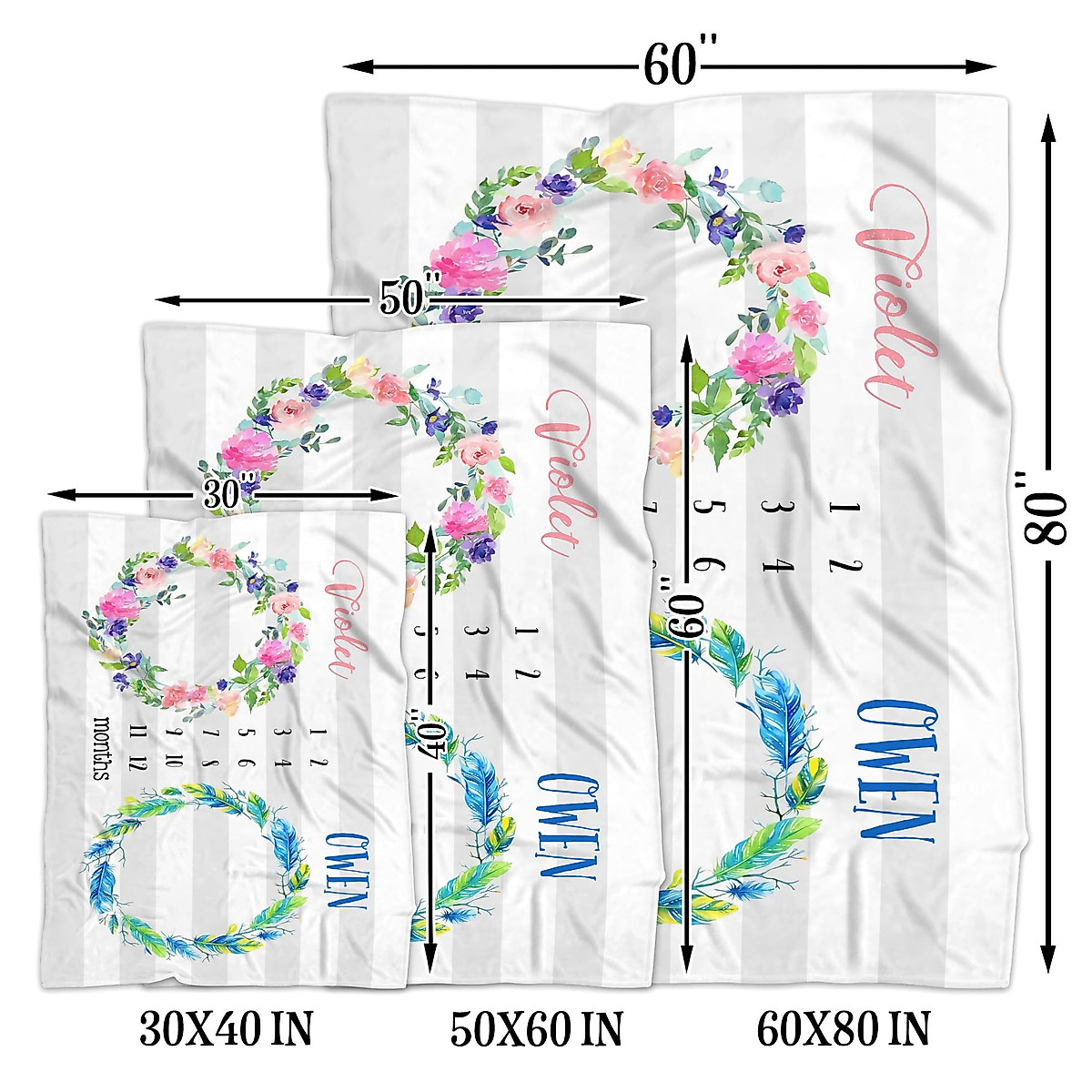 Twins Personalized Baby Monthly Blanket - Monthly Baby's Growth, Photo Prop, Perfect, Customized with Names, boy and Girl Blanket, Super Soft Plush Blanket for Baby for Kids