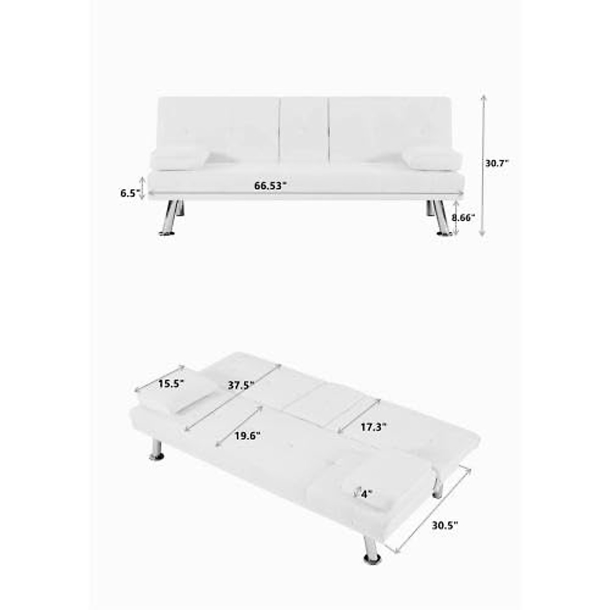 Modern Futon Sofa Bed, Convertible Folding Sleeper Couch for Compact Living Space, Velvet Upholstered Loveseat Couch Bed for Office Apartment, Dorm,2 Cupholders and Armrest, Metal Legs (Blue Velvet)