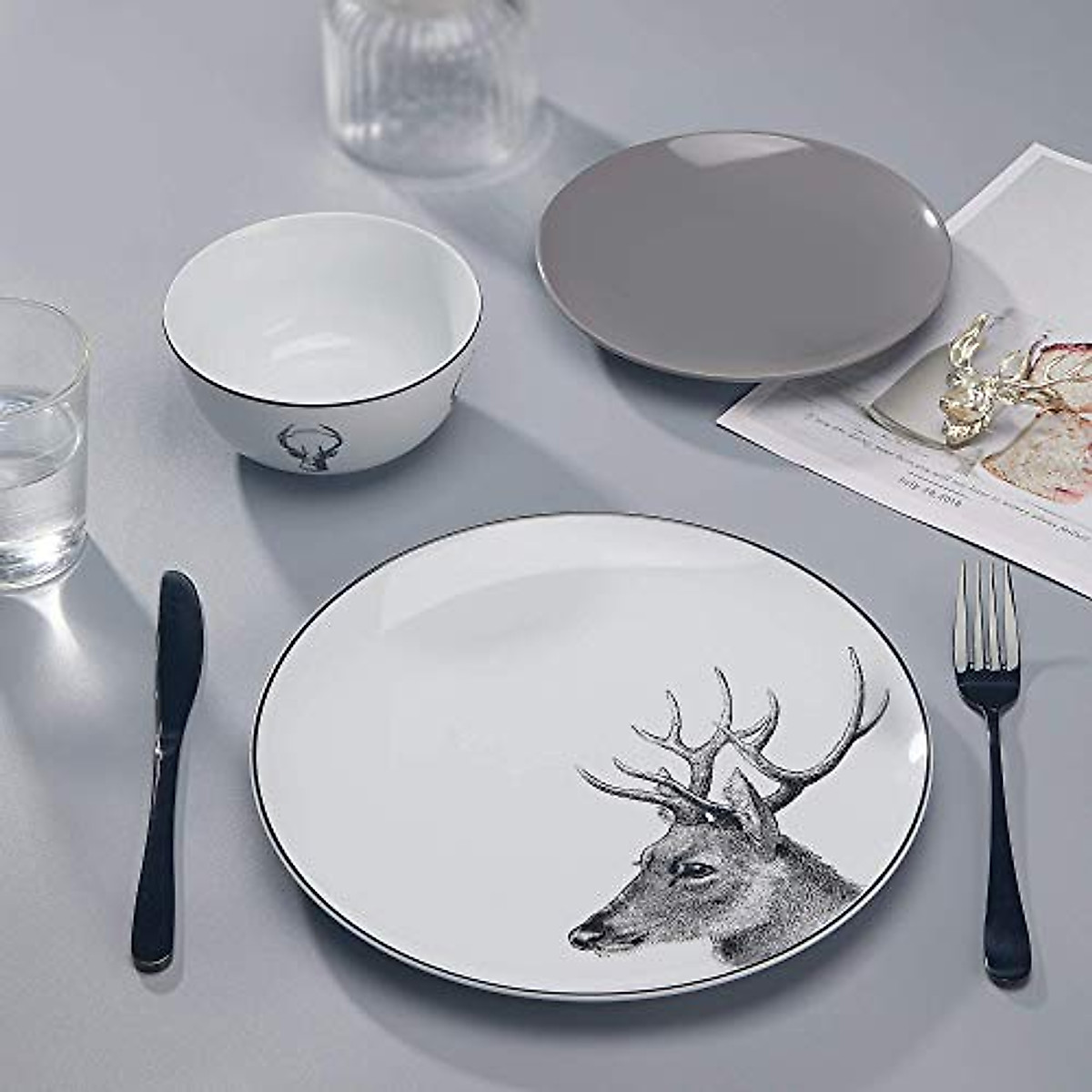 Kitchen Plates and Bowls Sets for 6, 18 Piece Dinnerware Sets, Dish Set with Deer Theme, Microwave Safe Plates and Bowls, Chip Resistant Dinnerware, Dishwasher Safe