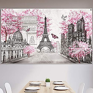 Paris Tapestry Backdrop Paris Wall Art Eiffel Tower Photo Banner Background European City Landscape Pink Wall Hanging Decor for Living Room Girl Bedroom Paris Themed Party Decoration, 72.8 x 43.3 Inch